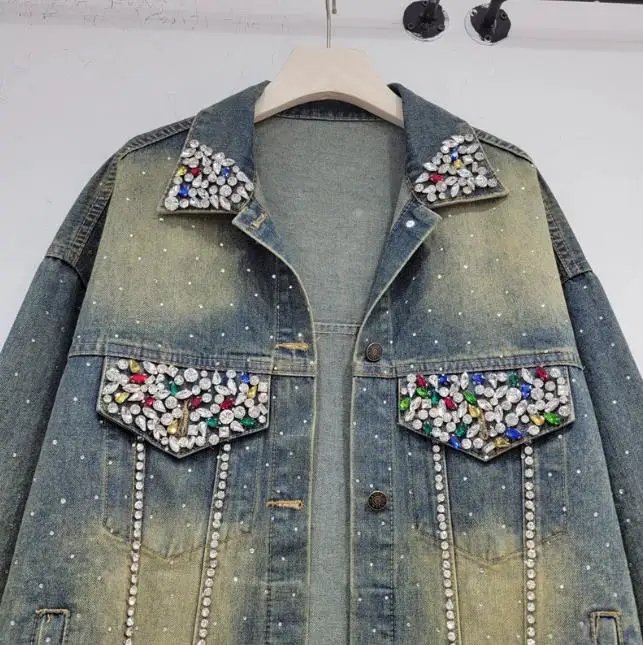 Retro Color Diamond Denim Jacket 2024 Spring Rhinestone Loose Long ...