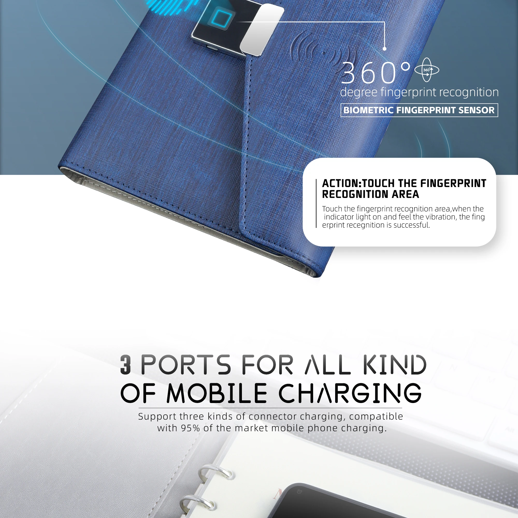 Multifunctional Fingerprint Lock Notebook PU Leather Wireless Charging ...