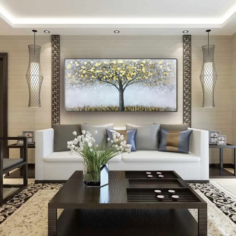 100% Handmade Modern Silver Abstract Tree With Leaves Wall Art Canvas ...