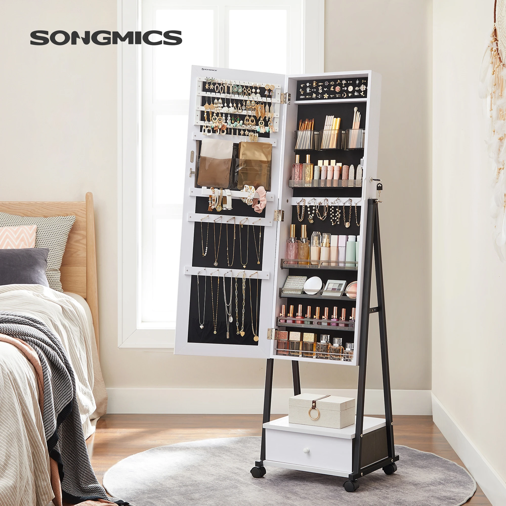 SONGMICS Bedroom Home Full Length Mirror Jewelry Cabinet White Vertical ...