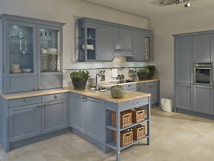 Blue Color Country Style Kitchen Cabinet With Wood Benchtop| Alibaba.com