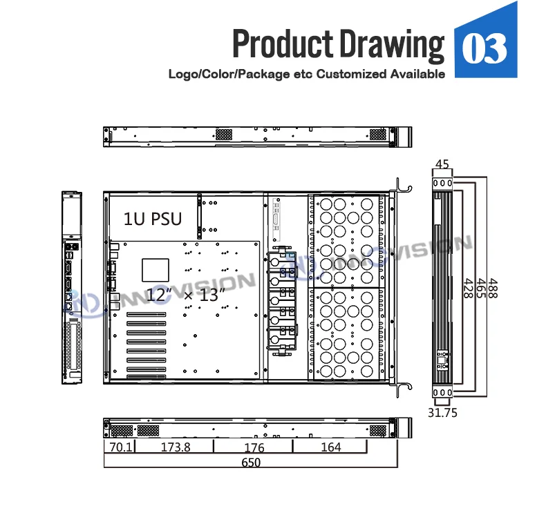 1u Rack Mount Atx Server case L650mm Support Max 12*13 Inch Motherboard ...