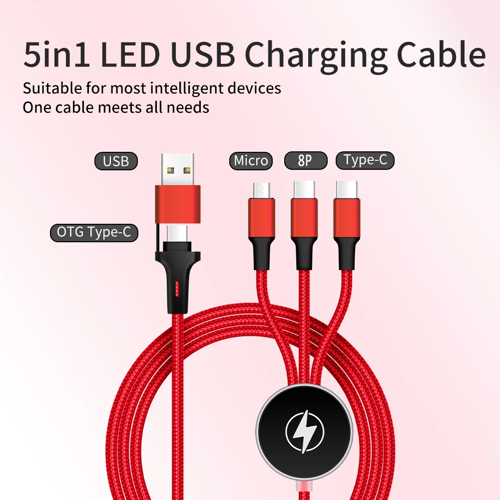 Promotional Gifts Nylon Braided Fast Charging 5in1 Usb Cable Custom LED ...