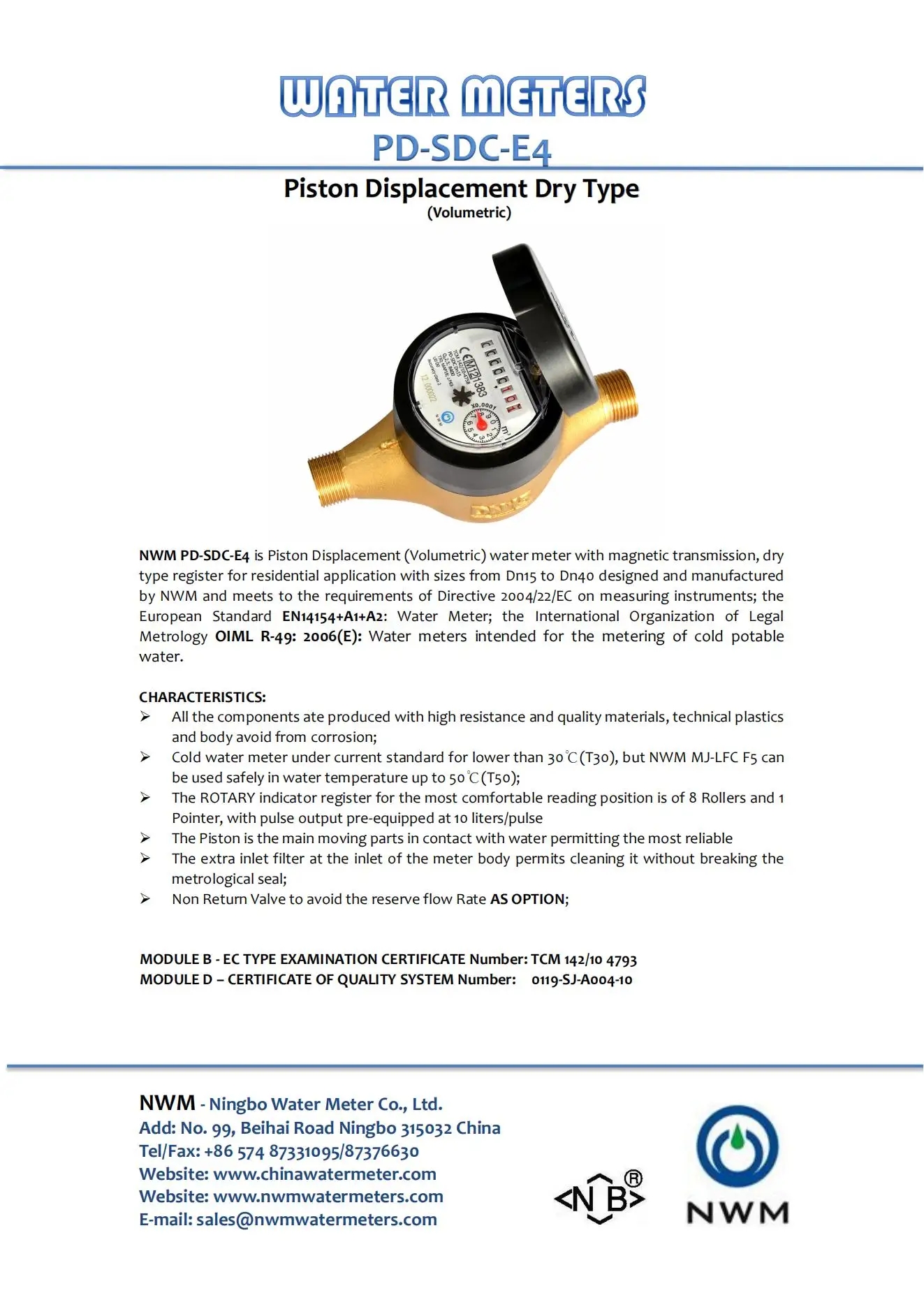 Mechanical Piston Displacement / Volumetric Dry Type Water Meter With ...