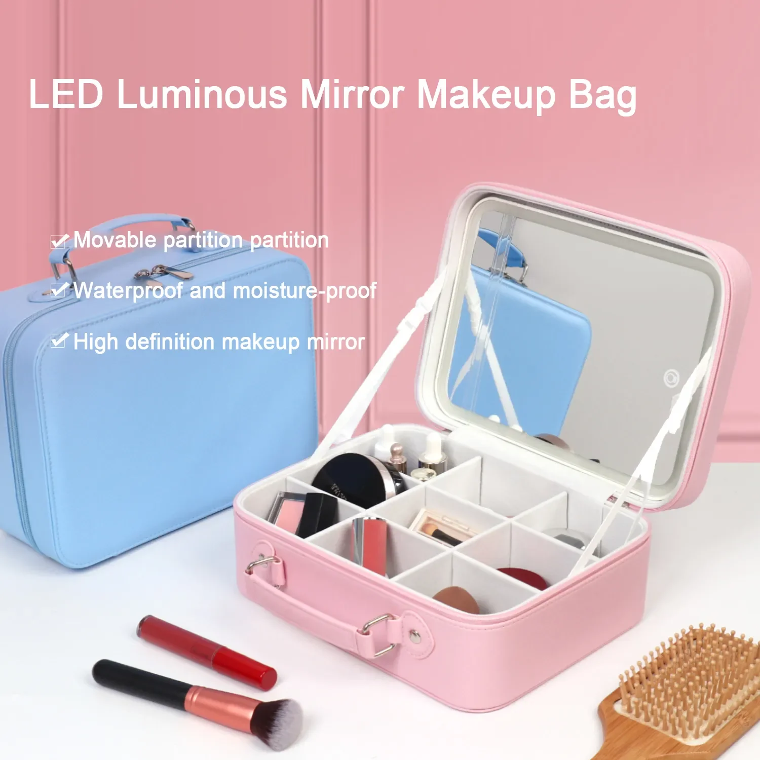 Portable Travel LED Light Makeup Bag Cosmetic Mirror Beauty Case ...
