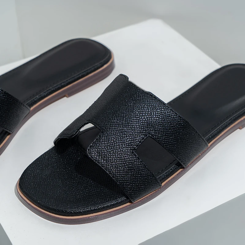 Luxury Designer Slides Leather Ladies Sandals Summer Flat Shoes Fashion ...