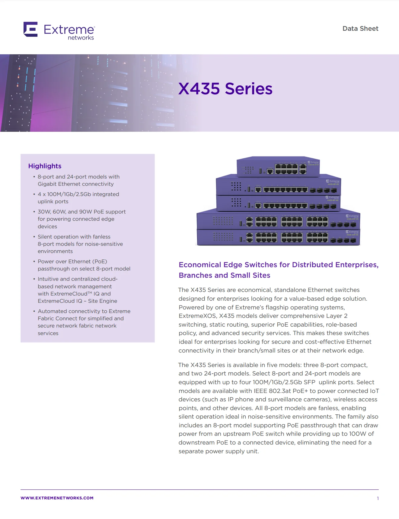 Extreme Networks X435 Switch - 24 Ports, POE, Managed