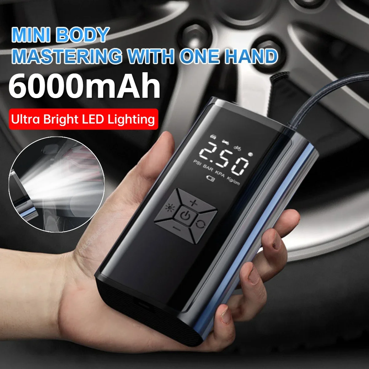 6000mah 150PSI Smart Air Pump - Portable Car Tire Inflator