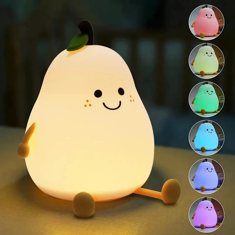LED Pear Fruit Silicone Night Light - 7 Colors Dimming Touch