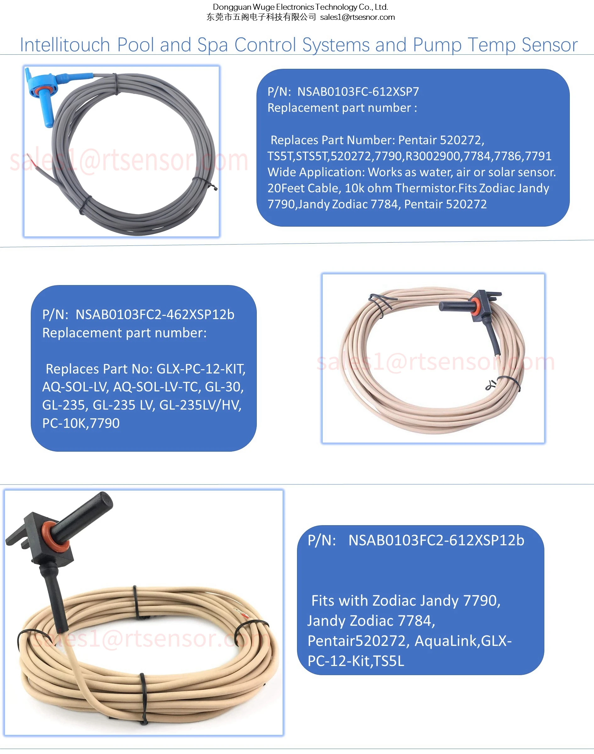 Pentair 520272 Replacement Ntc Thermistor Temperature Sensor 10kohm ...