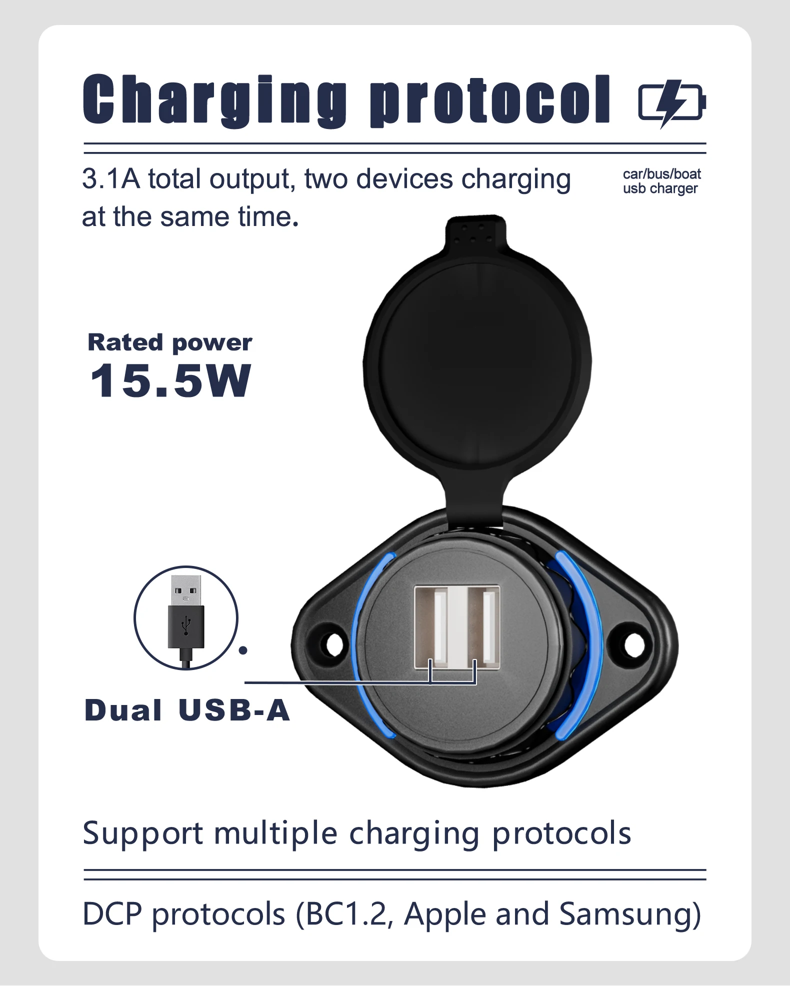 Dual 3.1A Coach Bus Seat USB Charging Port Panel Mount 12V