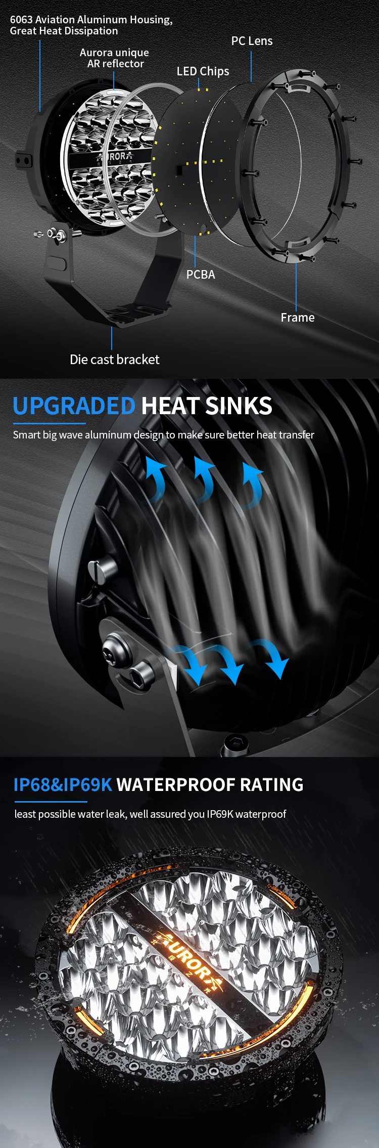 Aurora Dual-color Drl Offroad Driving Light Round Led Work Light 9 Inch ...