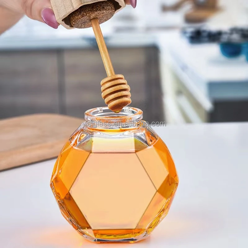 Empty Hexagonal Honey With Wooden Cork Food Grade Glass Packaging ...