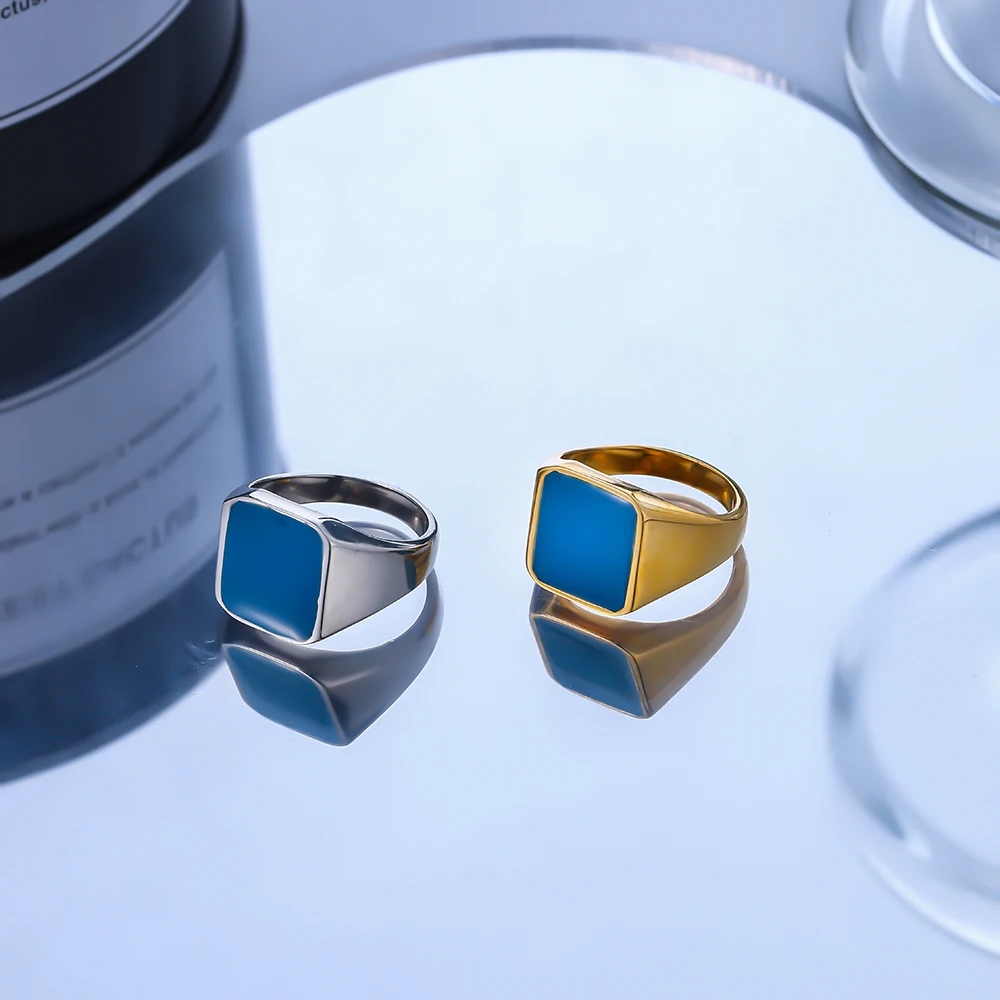 VAF Latest Design Sky Blue Enamel Signet Statement Ring Men's Stainless ...