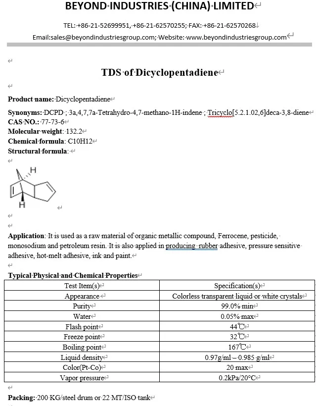 Dcpd/dicyclopentadiene Purity from 95% to 99%, CAS NO: 77-73-6