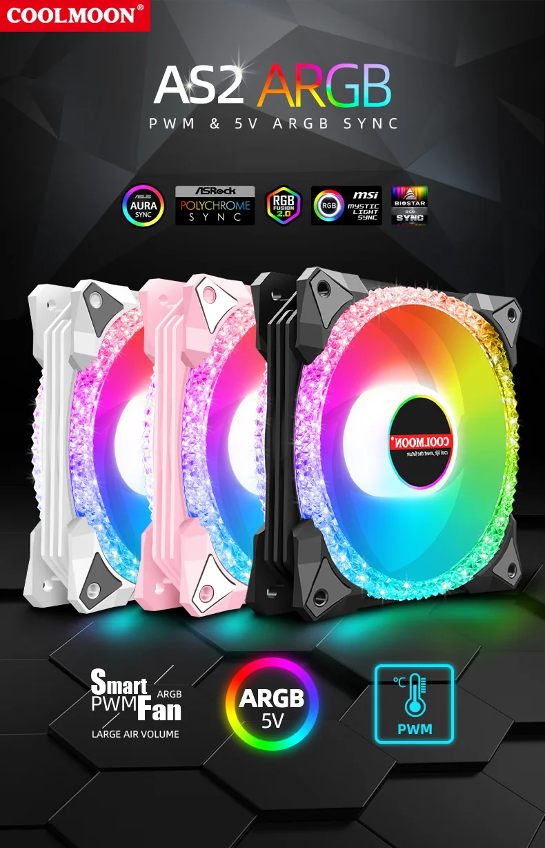 Coolmoon Desktop Gaming Pc Case Argb Cooler Fan Pwm Argb Sync 3pin 4pin ...