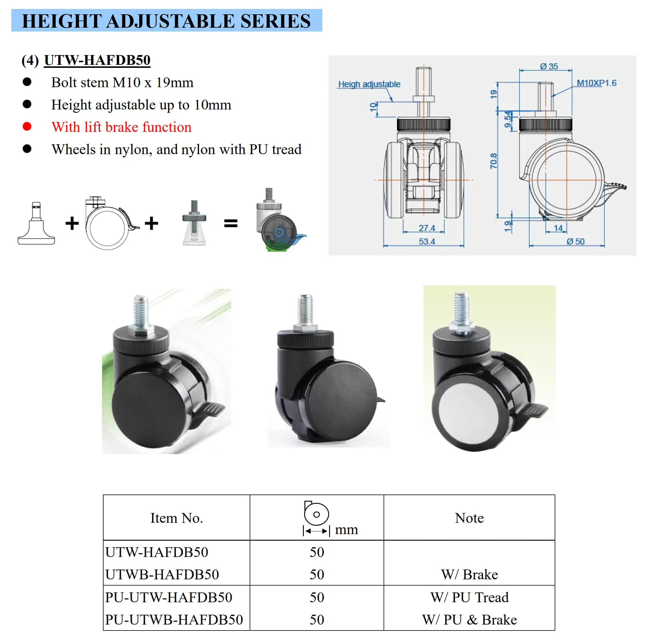 Premium quality nylon caster height adjustable wheels Hot Selling twin ...