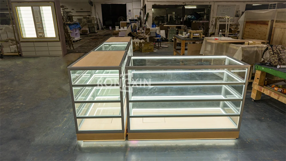 Retail Store Design Wooden Tempered Glass Reception Counter Display ...