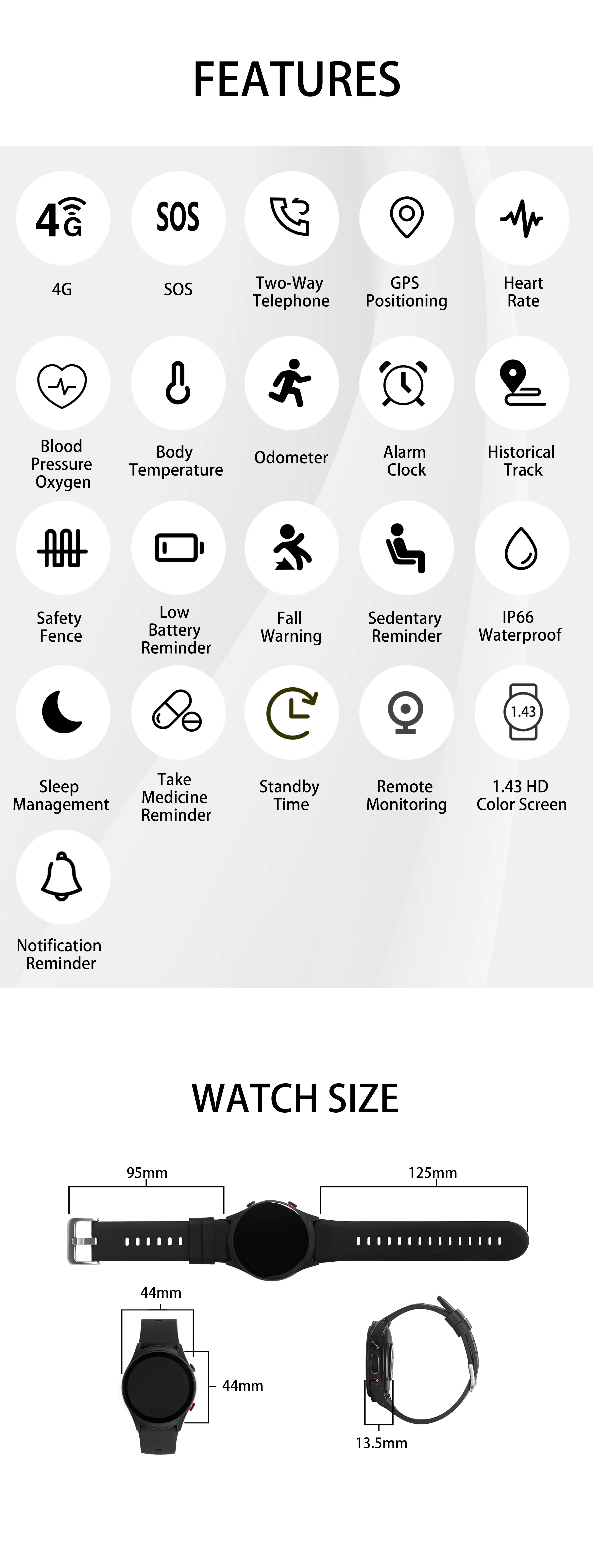 L08P Elderly SOS Watch with Touch Control Blood Pressure Monitor Alarm ...