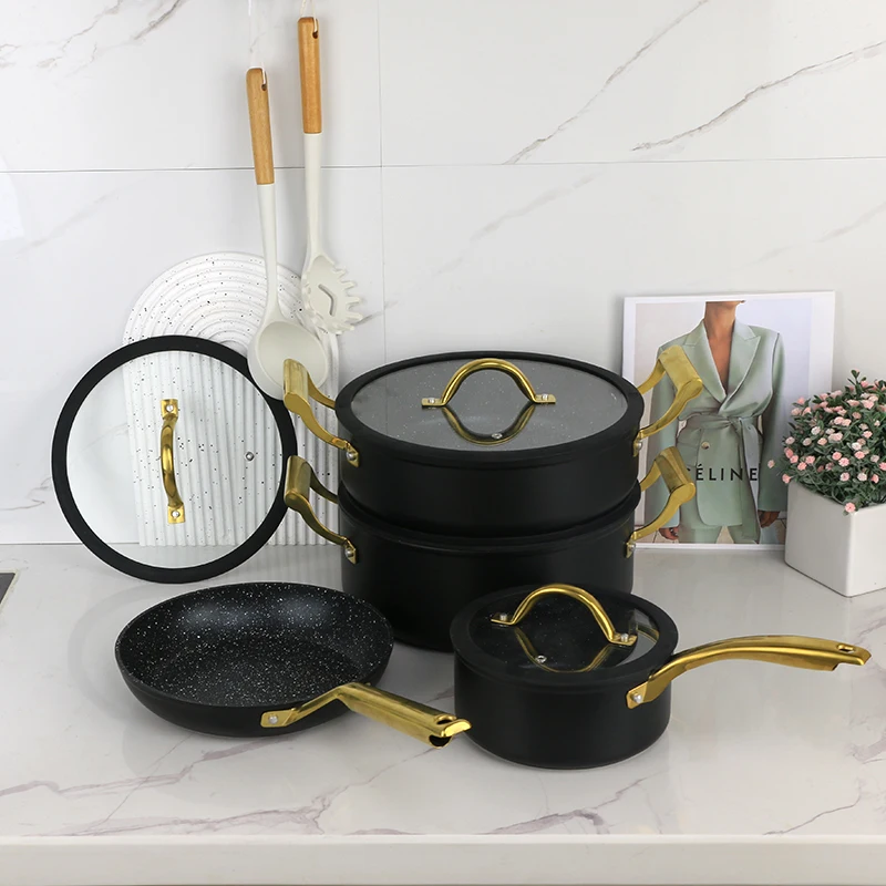 8PCS Granite Cooking Pots Cookware Set Nonstick Rose Gold Black New ...