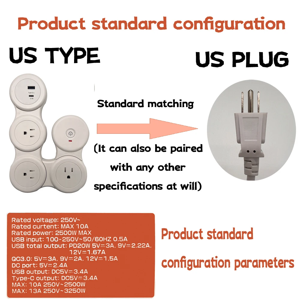 2302 Us Plug Extension Socket Snake Shape Pd 20w Fast Charge 3 Outlet ...