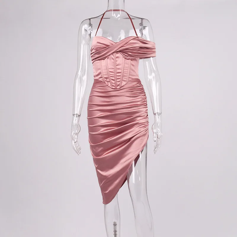 Sexy Satin Fishbone Halter Neck Bodycon Midi Slit Party Dress For Women ...