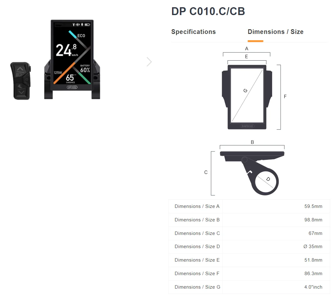 DP C010.CB - Colourful Bluetooth Display Screen for Bafang Motor