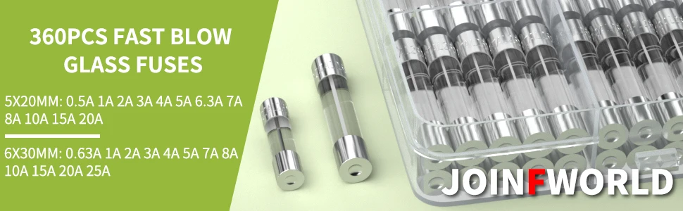 360pcs Fast Blow Glass Fuses Assortment Kit 250V 0.5A-25A