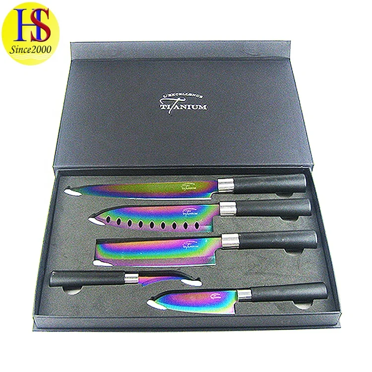Ergonomic Plastic Handle Rustproof 5pcs Titanium Coated Kitchen Knife ...