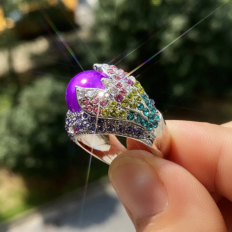 Huitan Vintage Big Lady Full Stone Ring Silver Color Purple Bead ...