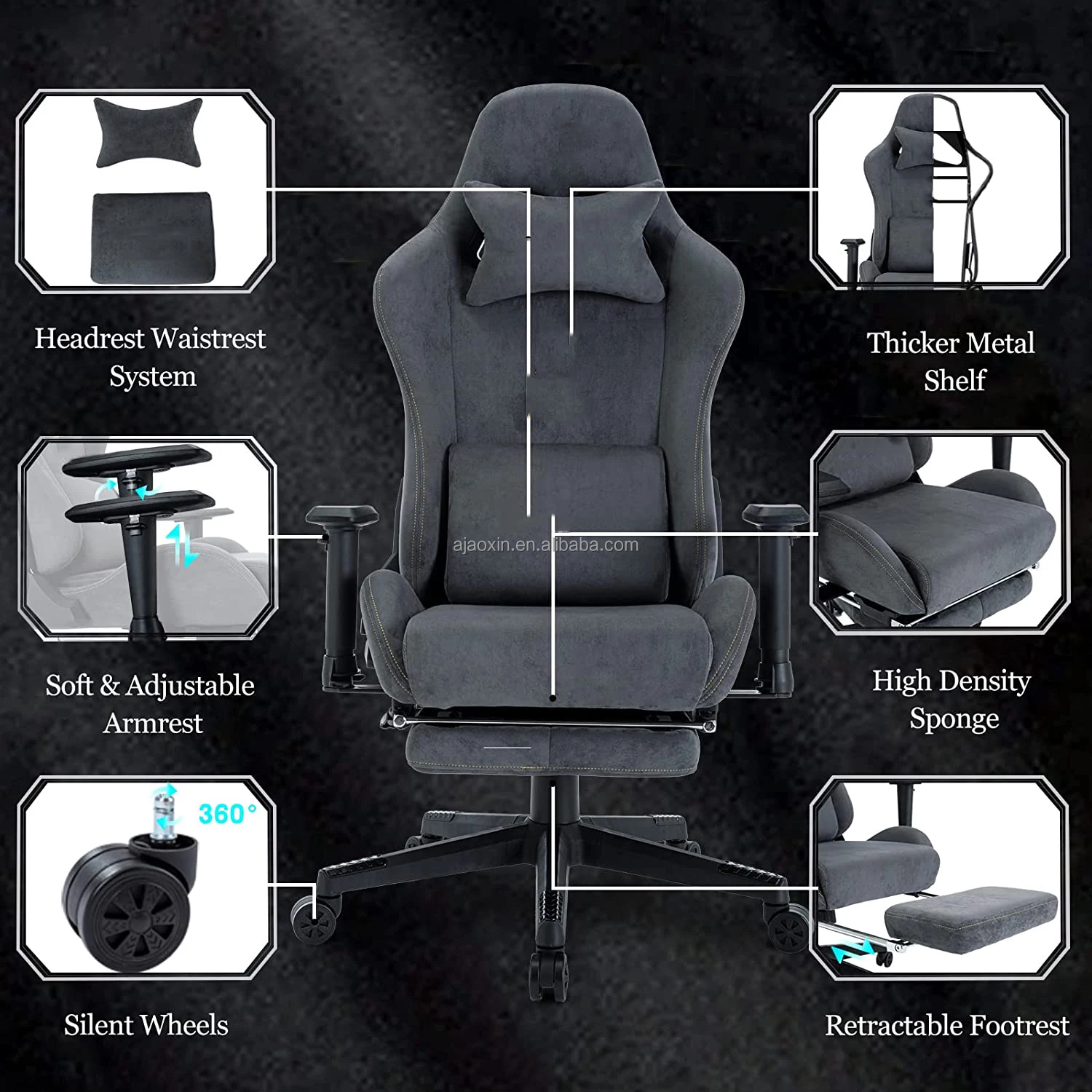 Ergonomic Gaming Chair with Footrest - Dark Grey Alcantara
