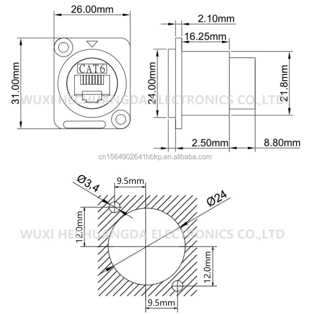 D-Type Network Ethernet Extension Adapter CAT6 Panel Mount RJ45 Socket ...
