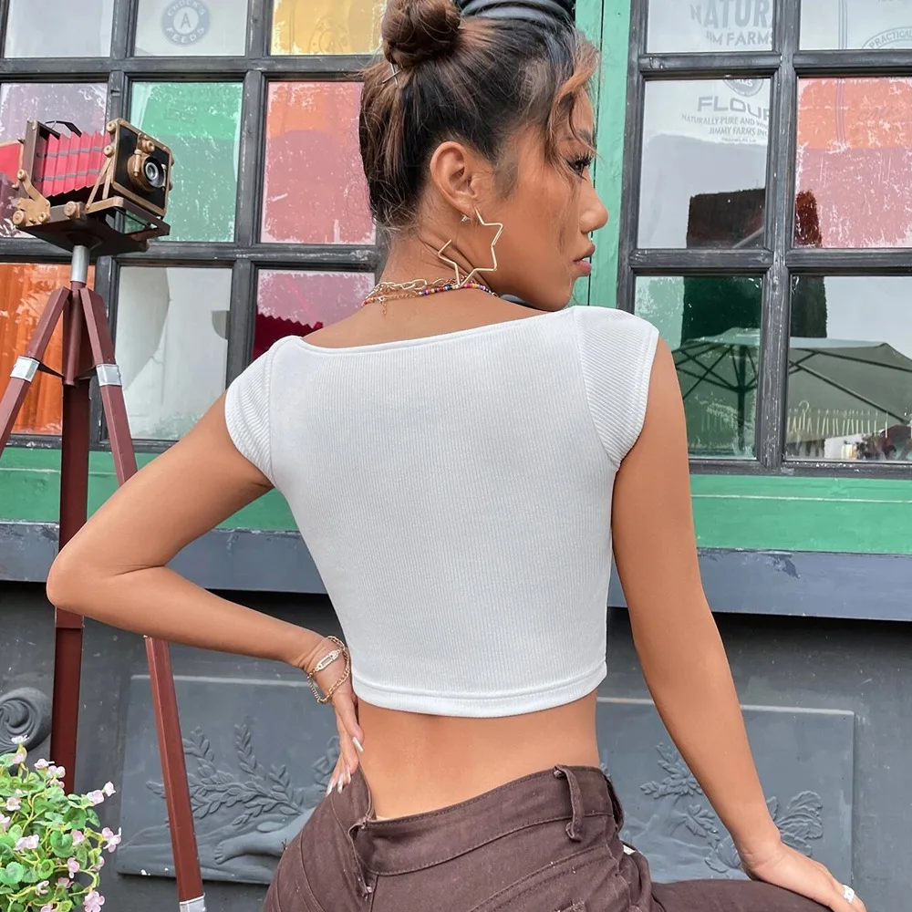 Wholesale Low Cut Crop Top - Sexy Plain Knitted Stringer