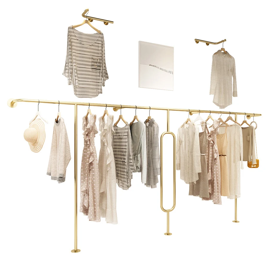 Boutique Clothing Women Wall Mounted Stand Stainless Steel Gold Wall ...