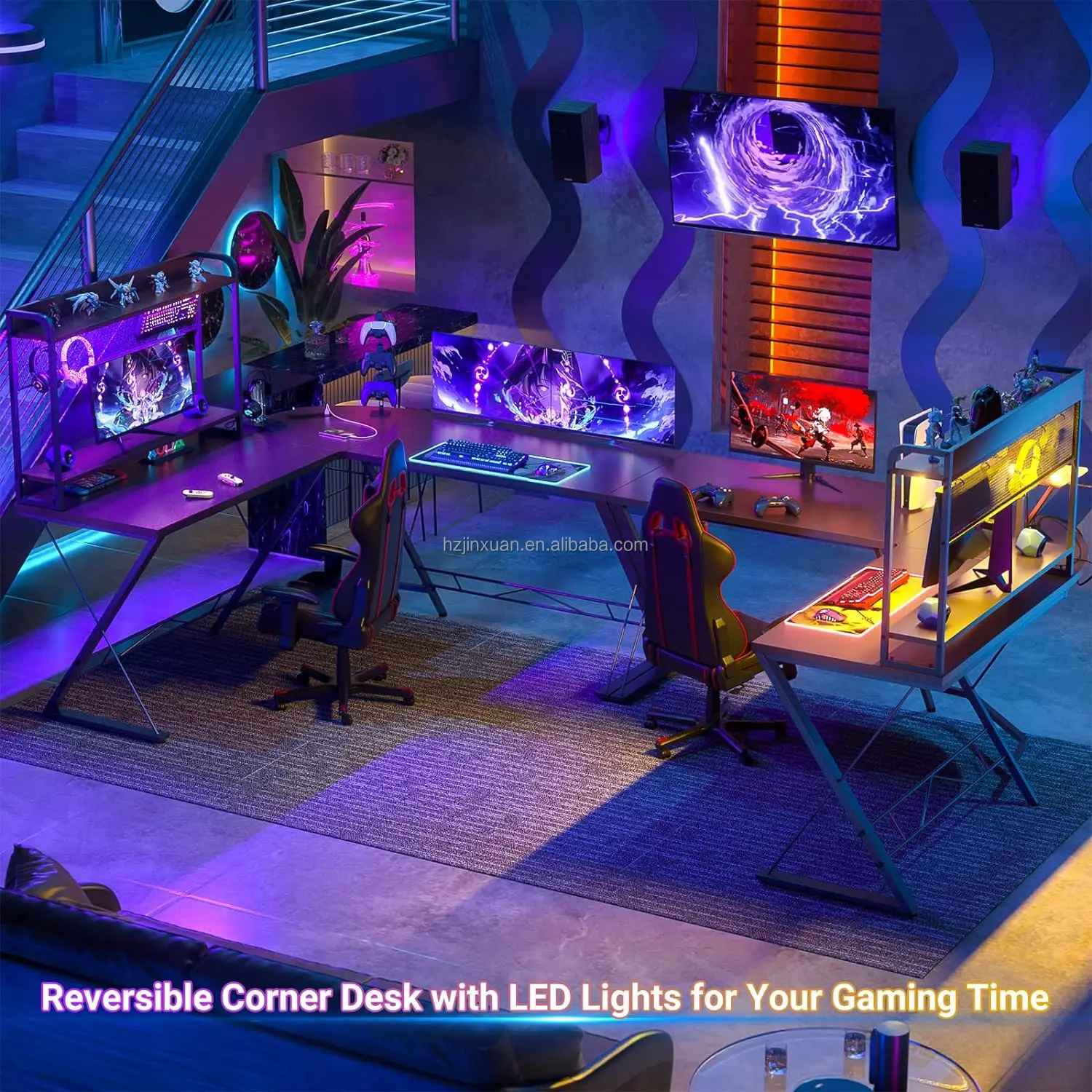 L Shaped Gaming Desk with LED Lights & Power Outlets