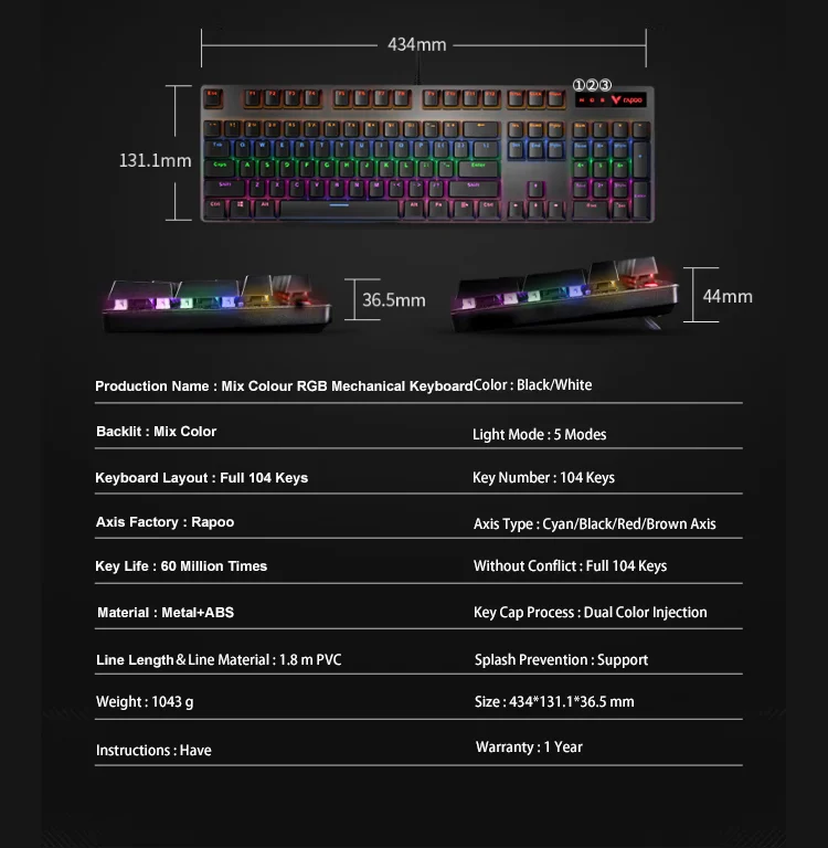 Rapoo V500pro Custom Logo 104keys Ergonomic Led Backlit Usb Metal Wired ...