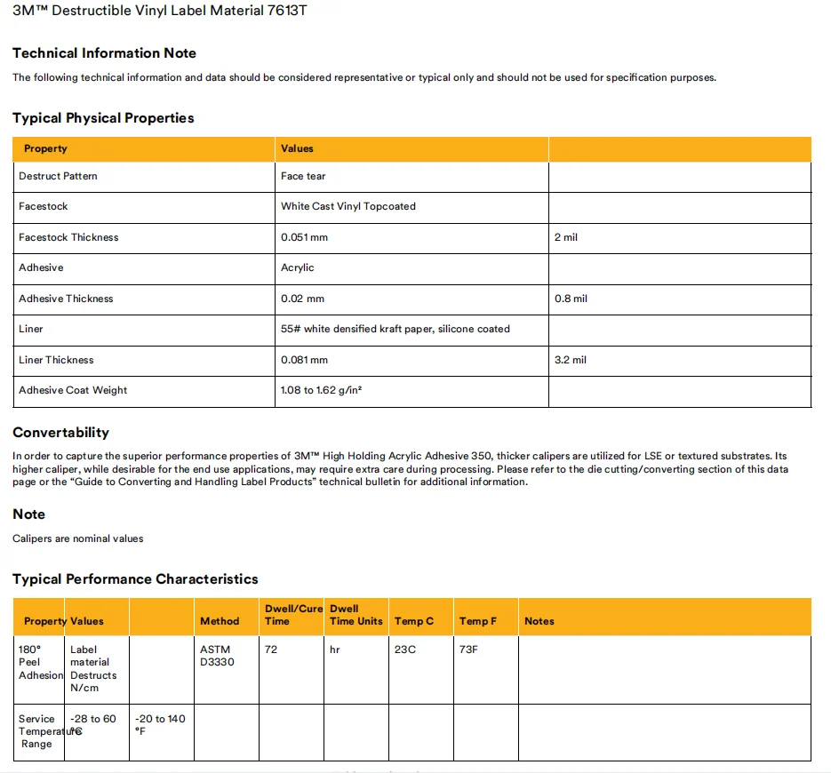 3M 7613T Tamper Evident Label Material White Destructible Vinyl ...