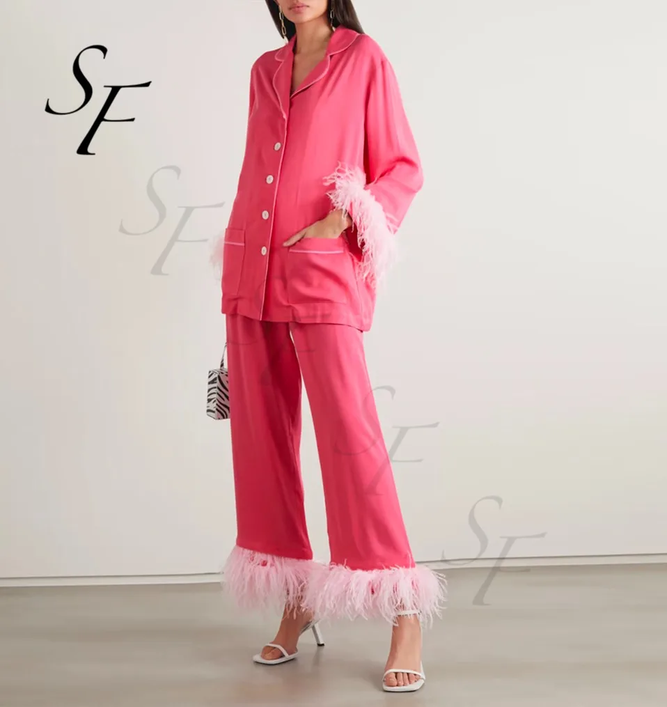 New Design Women Ostrich Feathers Sleepwear Casual Pajamas Sets Long ...
