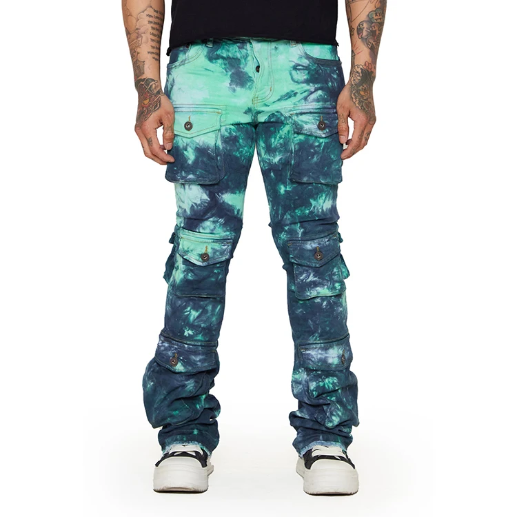 DiZNEW Streetwear Cargo Stack Jeans Custom logo Color Denim Flare Pants ...