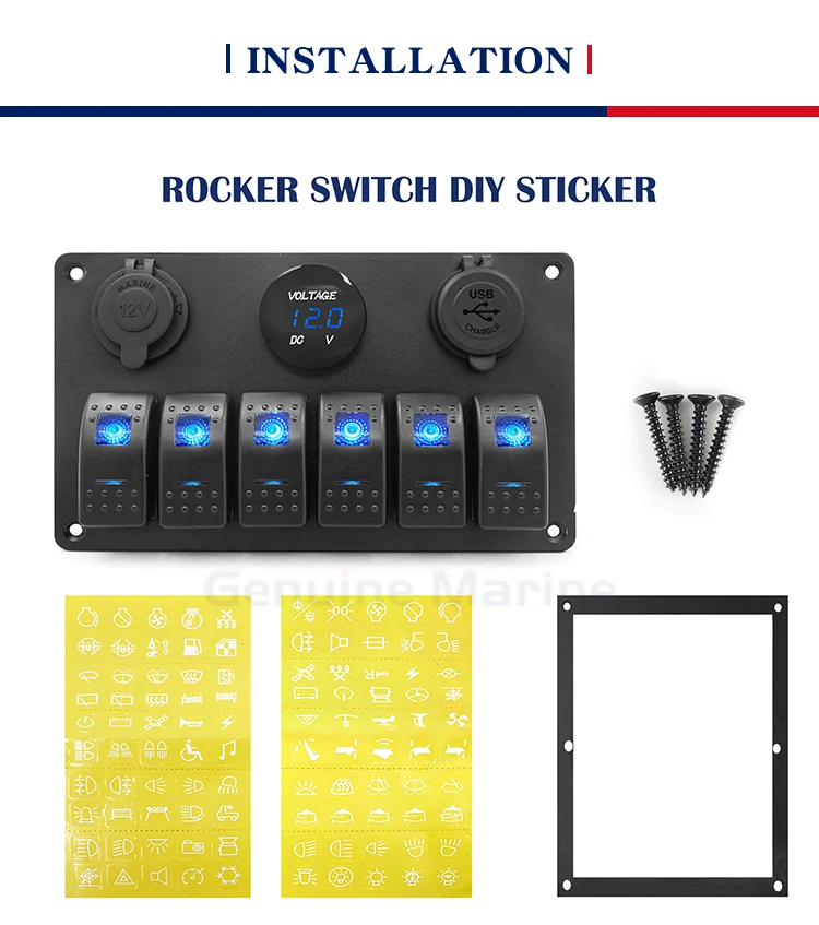 Genuine Marine Boat Electric 6 Gang Blue Led Rocker Switch Panel with ...
