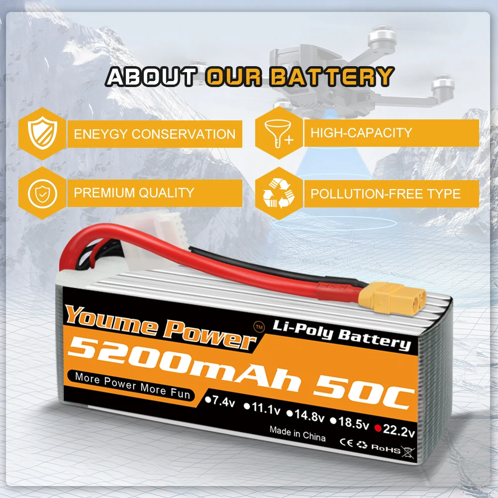 Youme Model Aircraft Batteries 2-6s 5200mah 7.4v/11.1v/14.8v/18.5v/22 ...