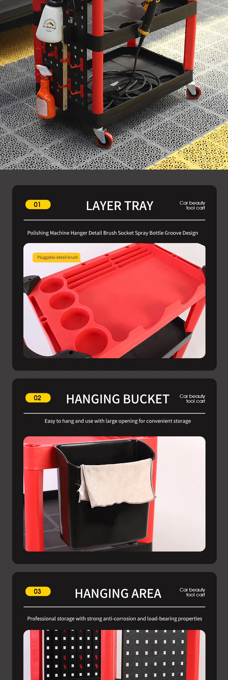 Car Wash Beauty Detailing Tool Cart Multifunctional Plastic 3 Shelf ...