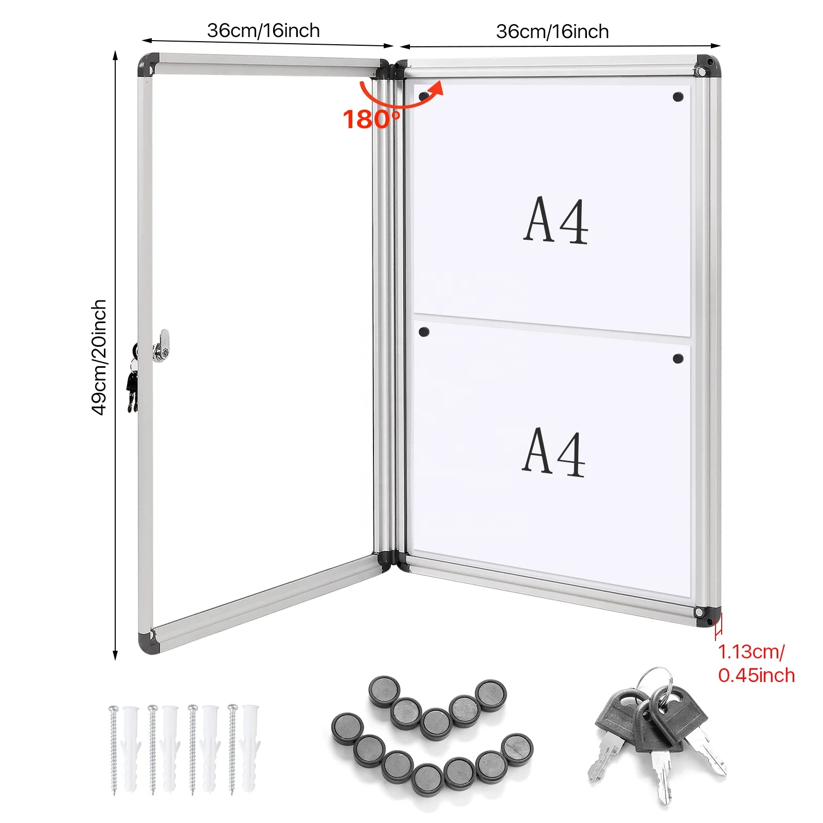 Wall Mount Aluminium Frame Magnetic Whiteboard Showcase Lockable Notice ...
