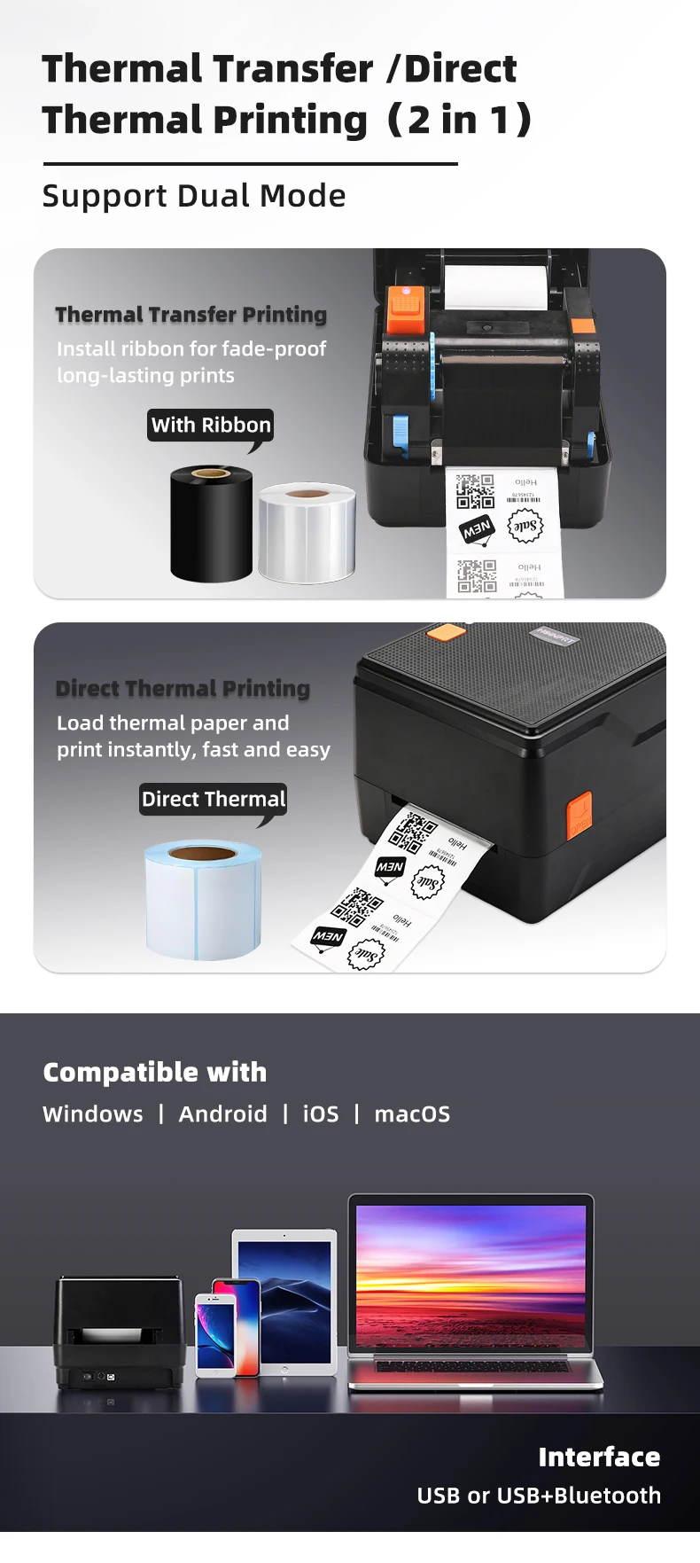 203dpi Thermal Transfer Ribbon Printer Print on Various Ribbons for ...
