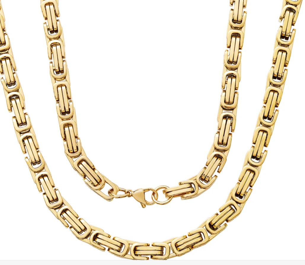 Stainless Steel Men's Byzantine Necklace - 18K Gold Plated