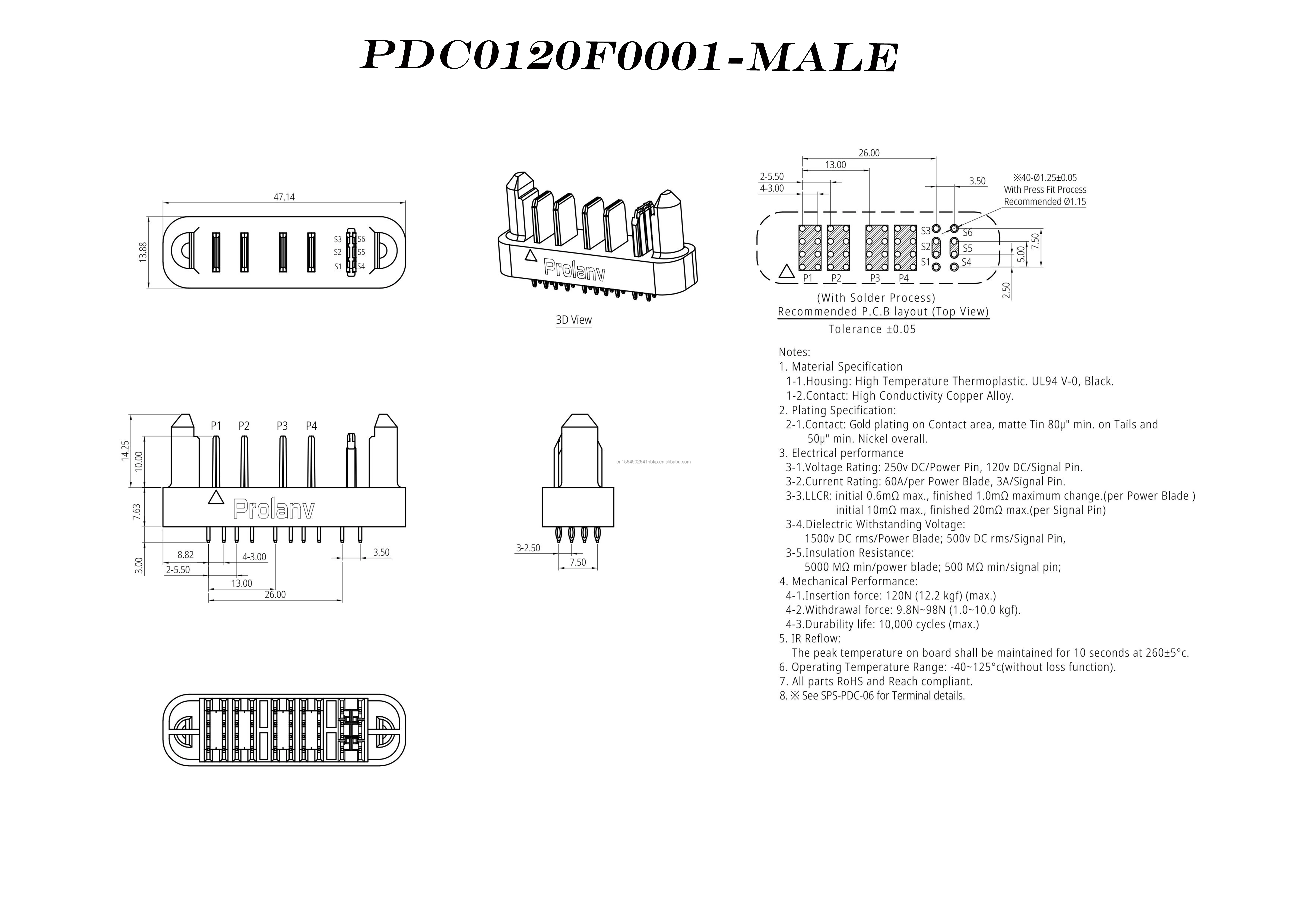 Prolanv 60A PCB Soldering Male Connectors - 4 Power & 6 Signal Pins for ...