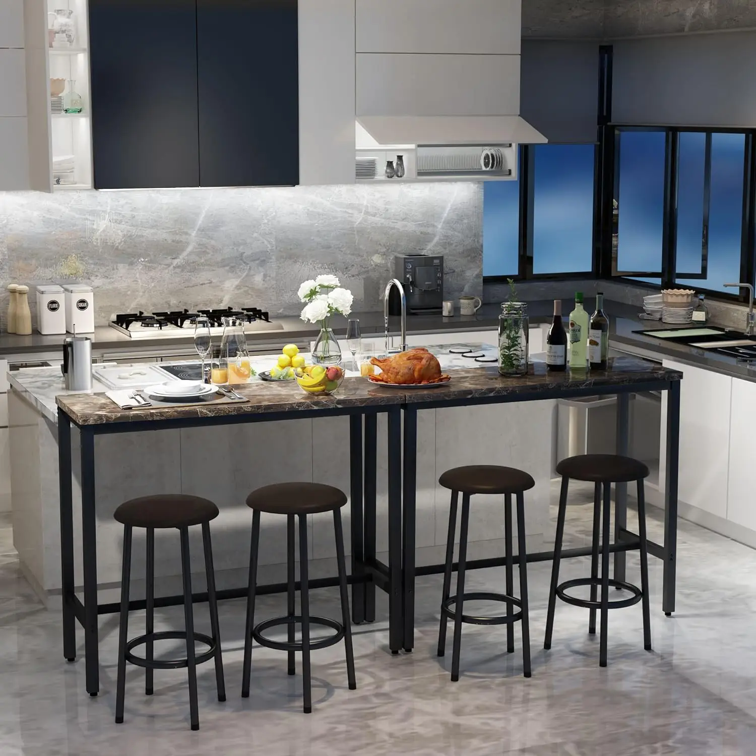 Modern Pub Counter Height Table And Stool Faux Marble Top And Leather ...