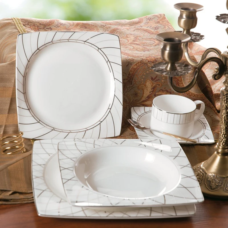 Bone China Square Dinnerware Set Decal Patterns Kitchen Plate Sets With ...