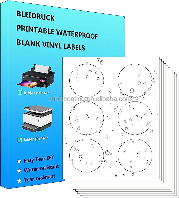 Inkjet Laser Printable Waterproof Tear Resistant Blank Die Cut Round Label Sticker A4 Label ...