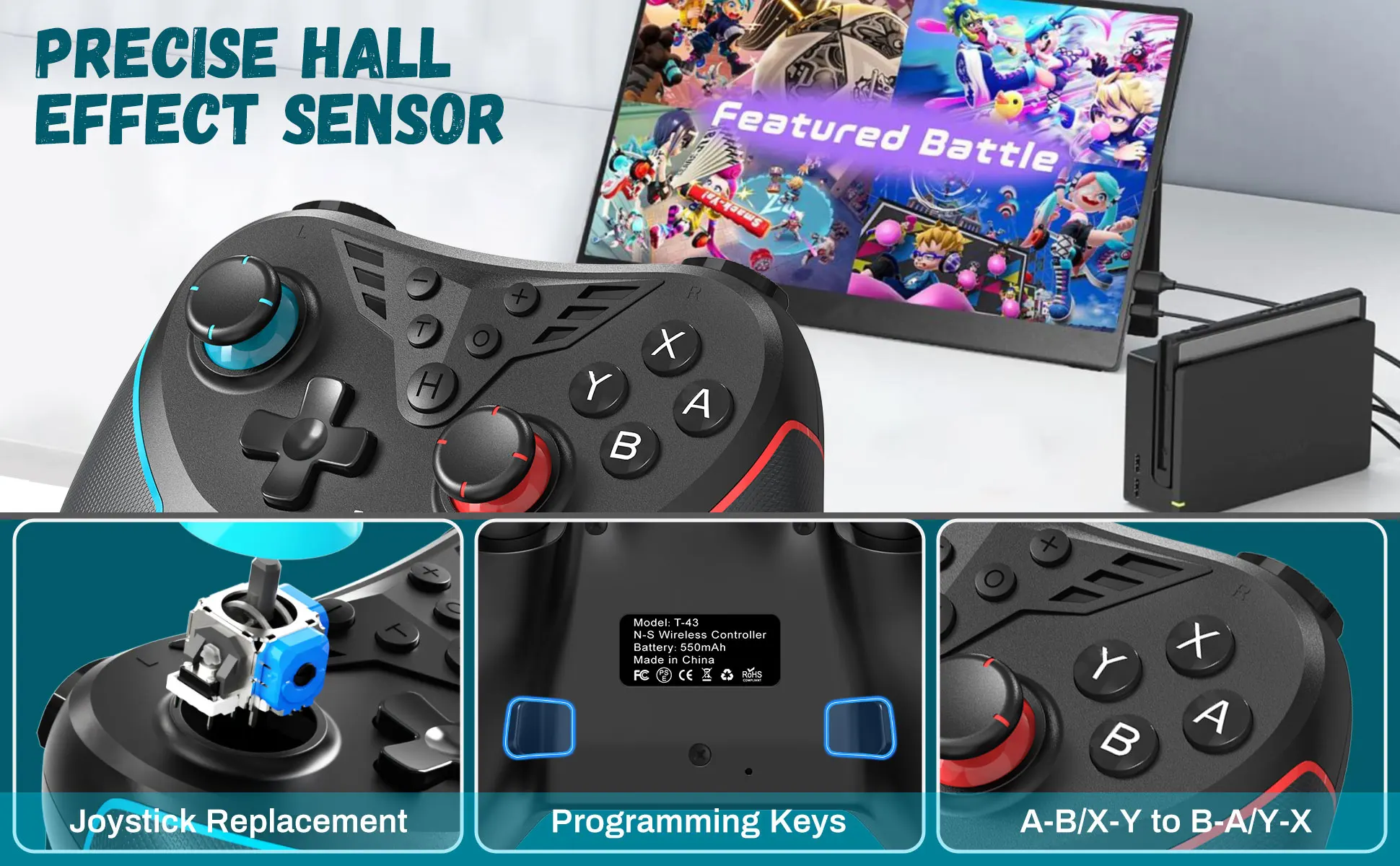 Hall Effect 3D Wireless Game Joystick Controller for Nintendo Switch ...